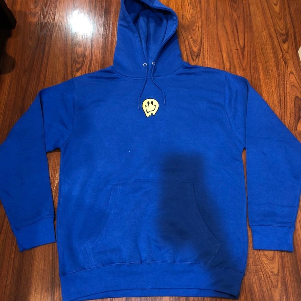 Dripping Smiley Face Royal Pullover Hoodie Sz L - Gem